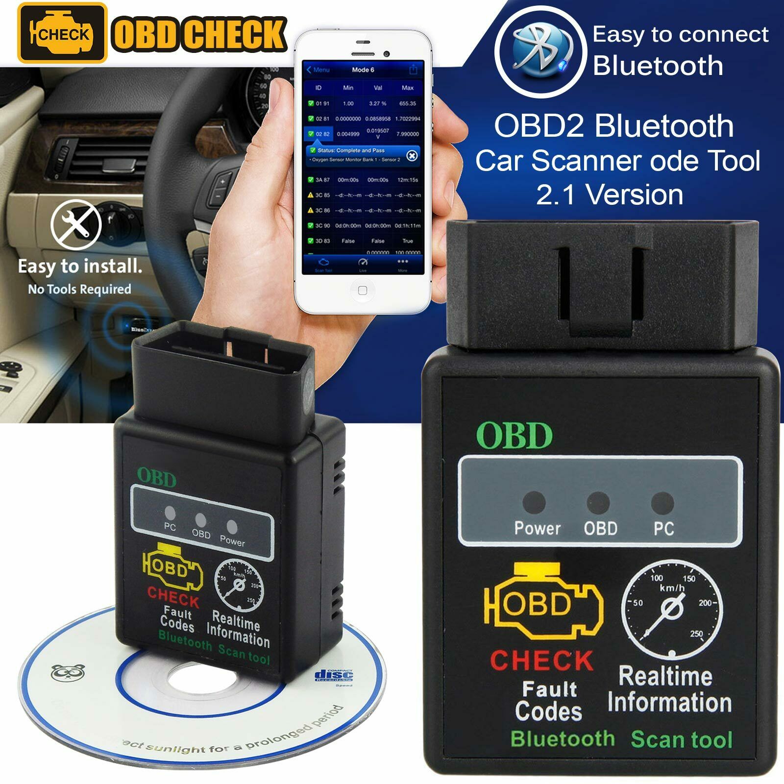 Bluetooth OBD2 Vehicle Scanner Reader Car ELM327 Android Diagnostic 